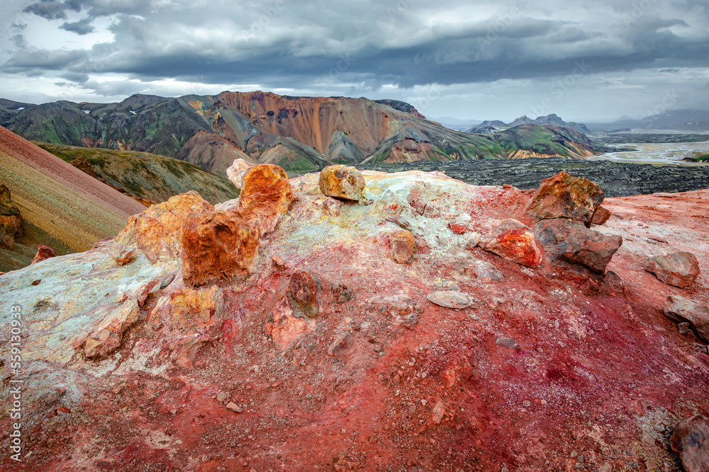 Colorful Icelandic rainbow volcanic Landmannalaugar mountains at famous ...