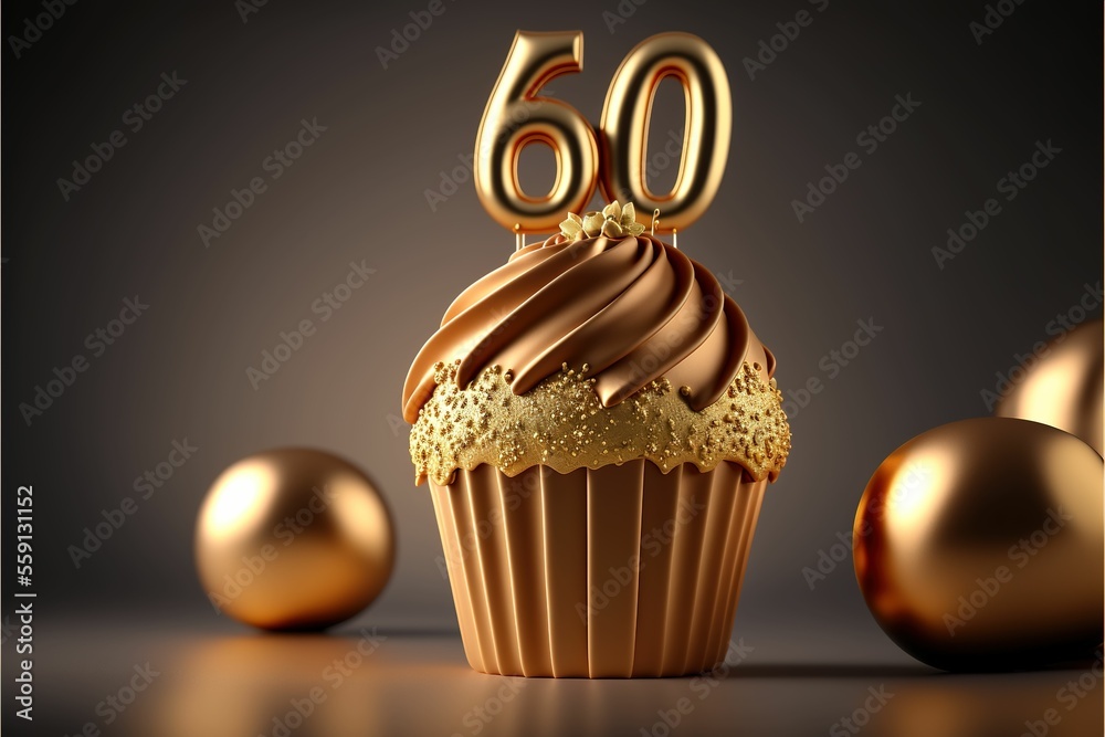 60th birthday cupcake with a candle and golden balloon. birthday cake ...