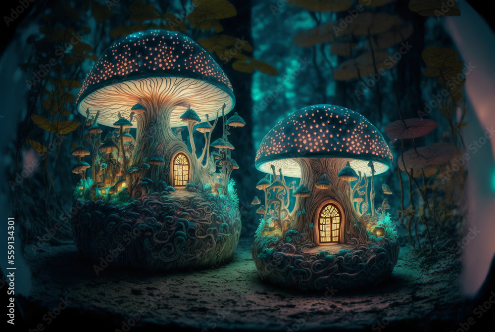 Magic of Fairy Houses Nestled in a Fantastic Forest,Glowing Mushrooms ...
