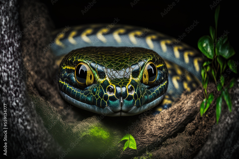 Snake with a dark backdrop and the Boiga cynodon species. Generative AI ...