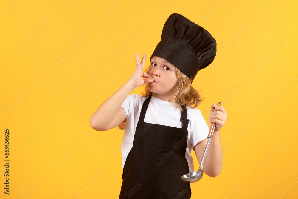 Funny kid chef cook with kitchen ladle, studio portrait. Kid in cooker ...