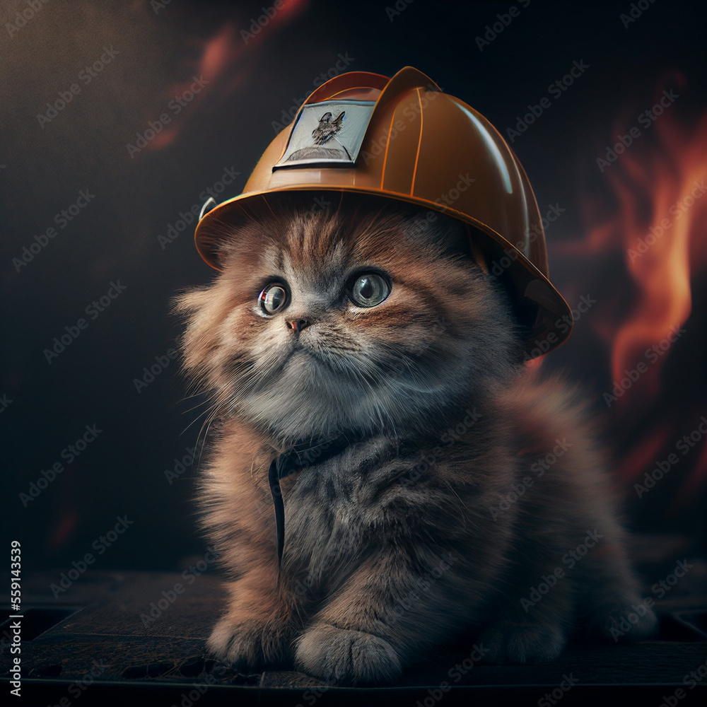 Cute cat fireman with helmet near fire generated by AI Stock ...