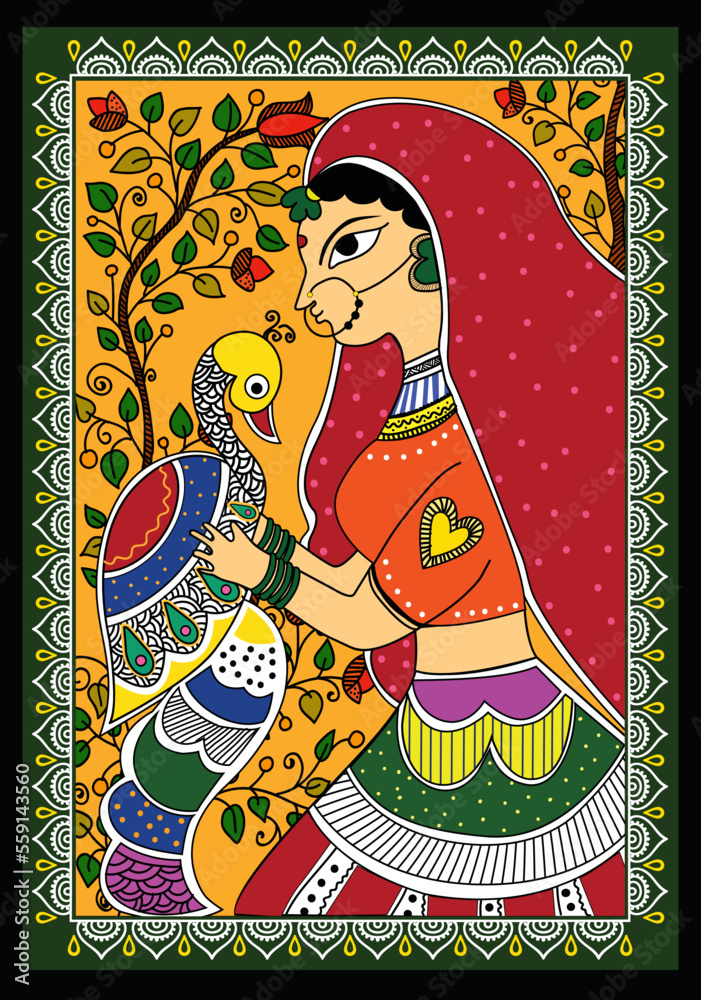 Traditional madhubani painting of woman and peacock Stock Vector ...