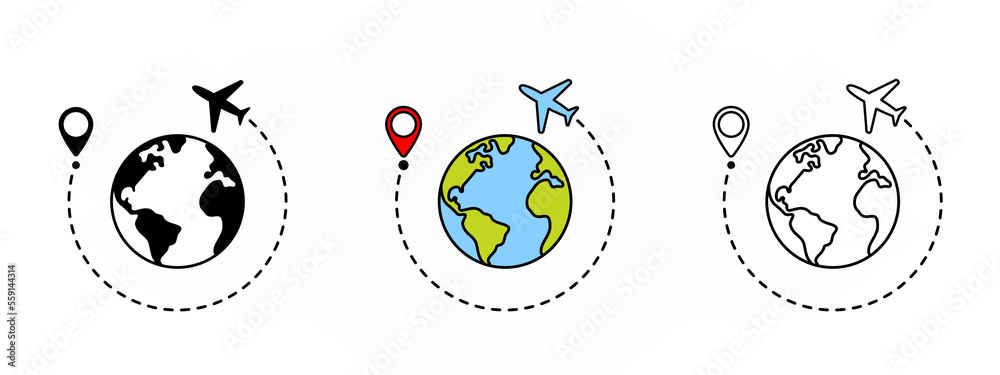 Airplane path on world map. Route of plane with world map illustration ...