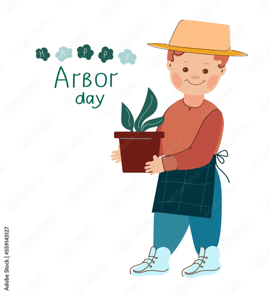 Arbor day. Children standing under a blooming tree preparing to plant ...