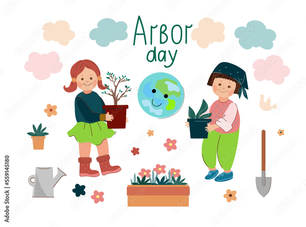Arbor day. Children standing under a blooming tree preparing to plant ...