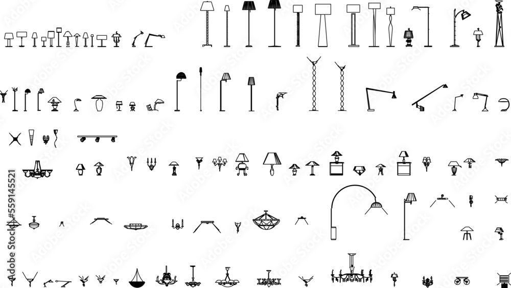 set of sketch vector illustrations of kinds of room interior lights ...