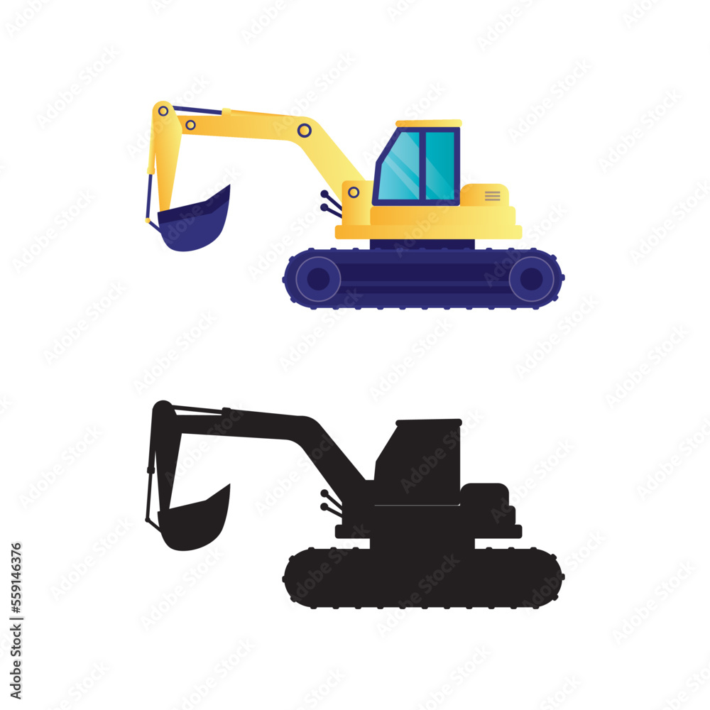 Excavator and black silhouette isolated on white background ...