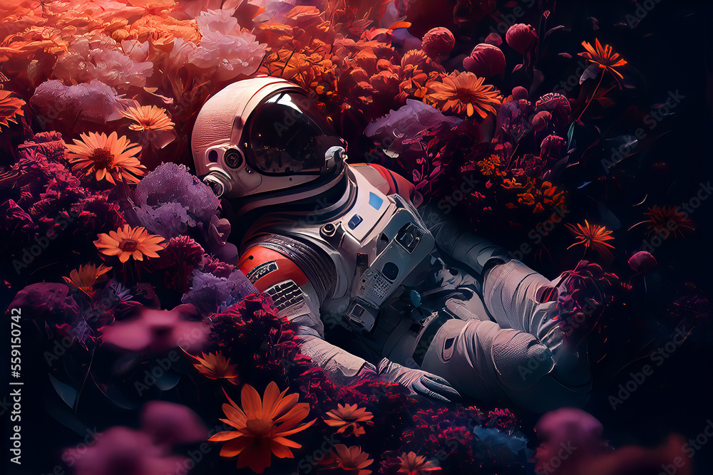 Astronaut in space lying in flowers. Dressed in a spacesuit. Surrounded ...