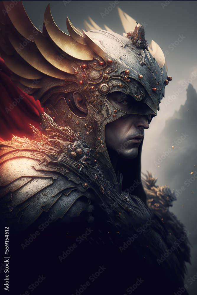 Fantasy soldier with armor and winged helmet, coverdesign for fantasy ...