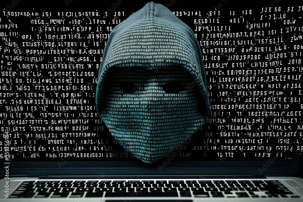 A laptop background with a binary character code hacking and malware ...