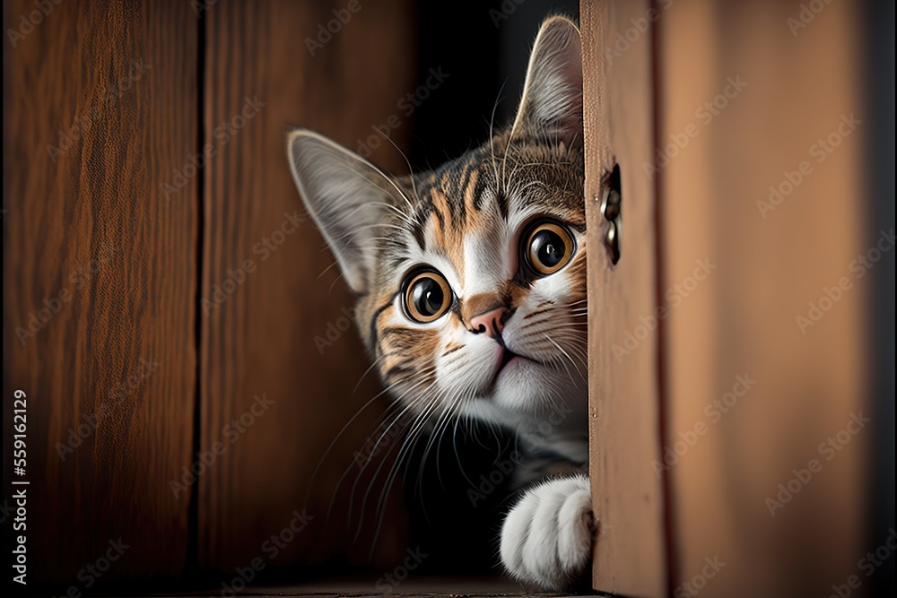 Cautious cat peeking around the corner on a wooden background, with ...