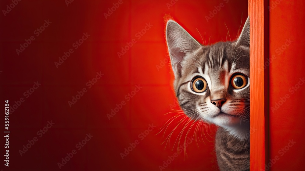 Cautious cat peeking around the corner on a red background, with copy space, created using ...