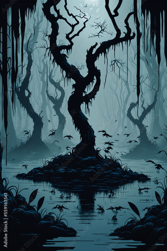 A vector illustration of a dense, primordial swamp with gnarled trees ...