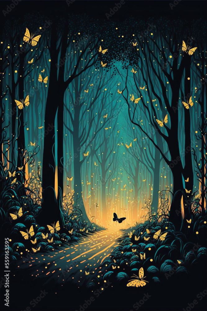 An illustration of a magical fairy tail forest filled with towering ...