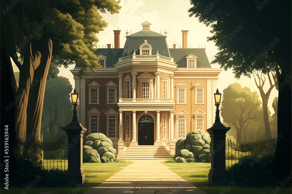 An illustration of an elegant old mansion with a grand entrance and ...