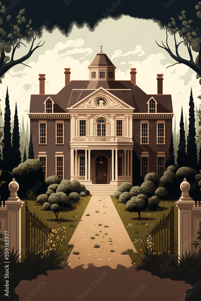 An illustration of an elegant old mansion with a grand entrance and ...