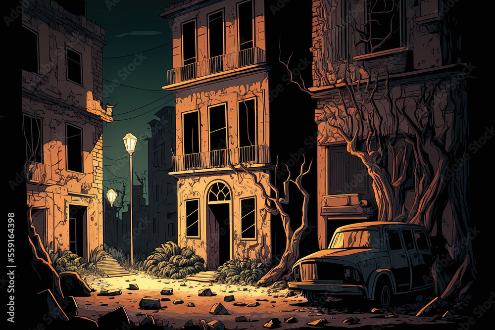 At night, a ghetto street is lined with dilapidated, abandoned buildings that have lighted ...