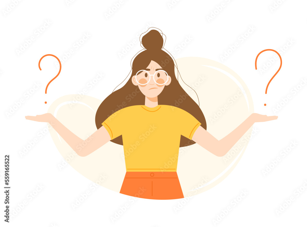 Thinking young girl in glasses solving problem and doubting surrounded ...