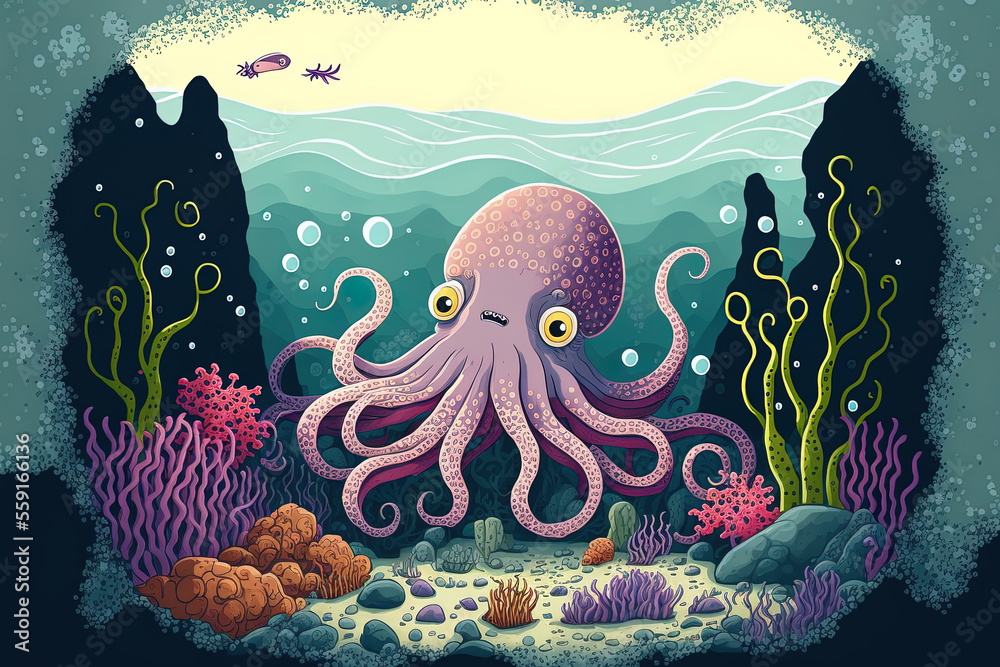 Cartoon depiction of a giant octopus swimming in the ocean with seaweed ...