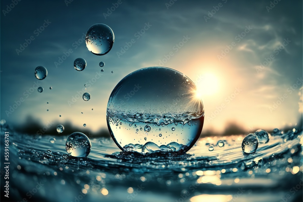 Transparent water drops on a sky background. Waterdrops background for ...