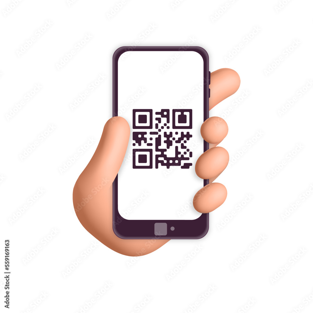 3d Vector Realistic Render Mockup Template Hand Holds Smartphone With Scanning Qr Code On Mobile