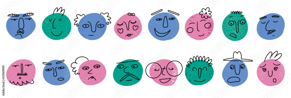 Smile face characters, colorful happy family. Abstract doodle ...