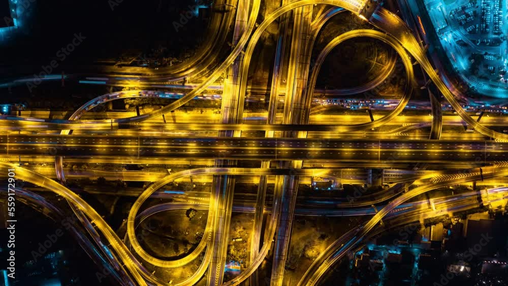 4K, Time Lapse of Multilevel junction motorway top view, Road traffic ...