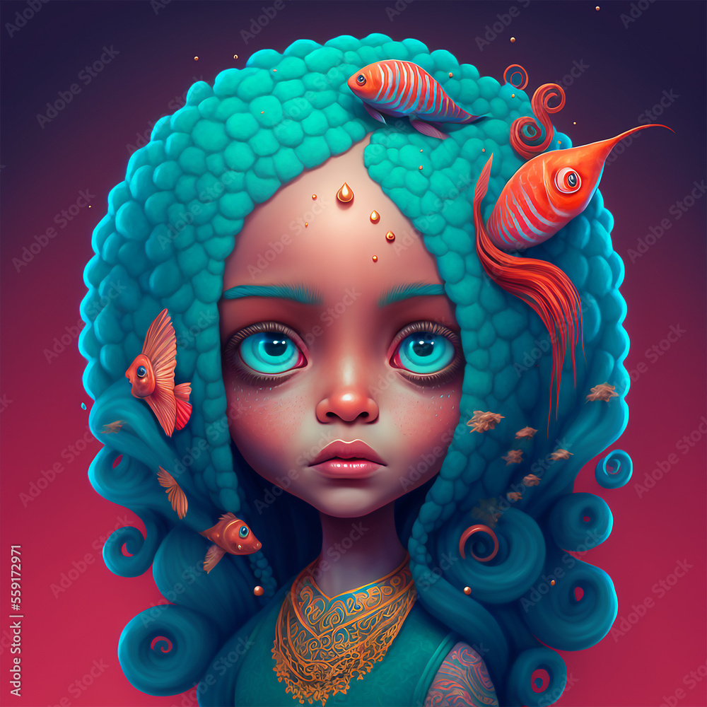 Illustration of a beautiful mixed mermaid girl portrait with blue hair ...
