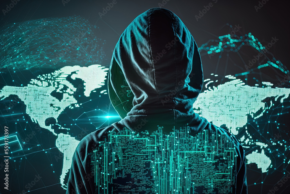 Hacker utilizing virtual screen with holographic world map. Generative ...
