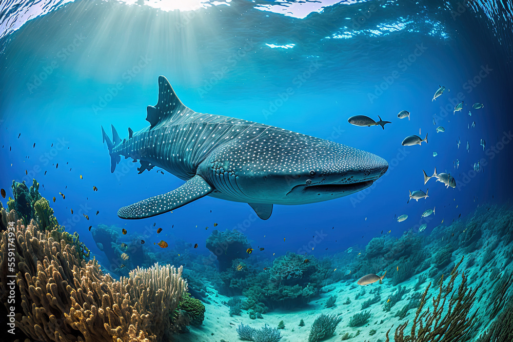Landscape of a whale shark, giant sea fish, adventure, diving, and ...