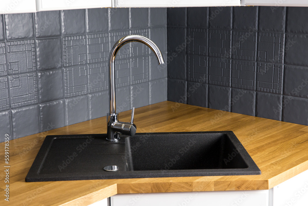 Close up view of new modern kitchen solid wood butcher block oak ...