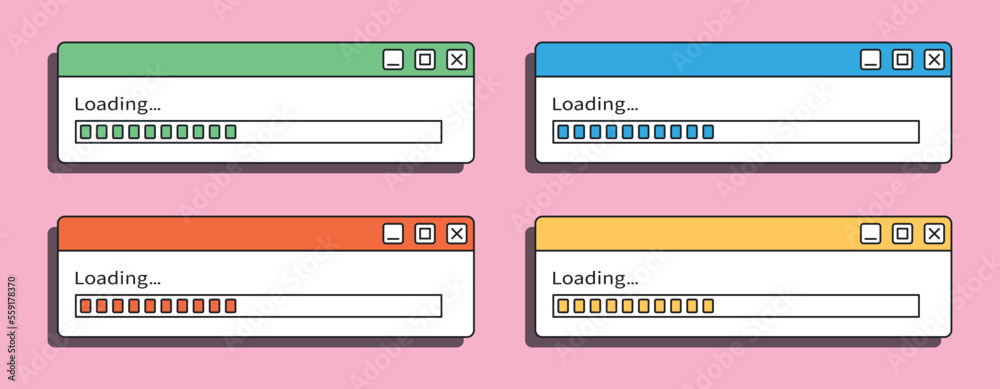 Loading windows set. PC user interface from the 90s. Retro style. Old ...