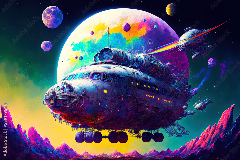 colorful, artificial intelligence generated spacecraft with a moon ...