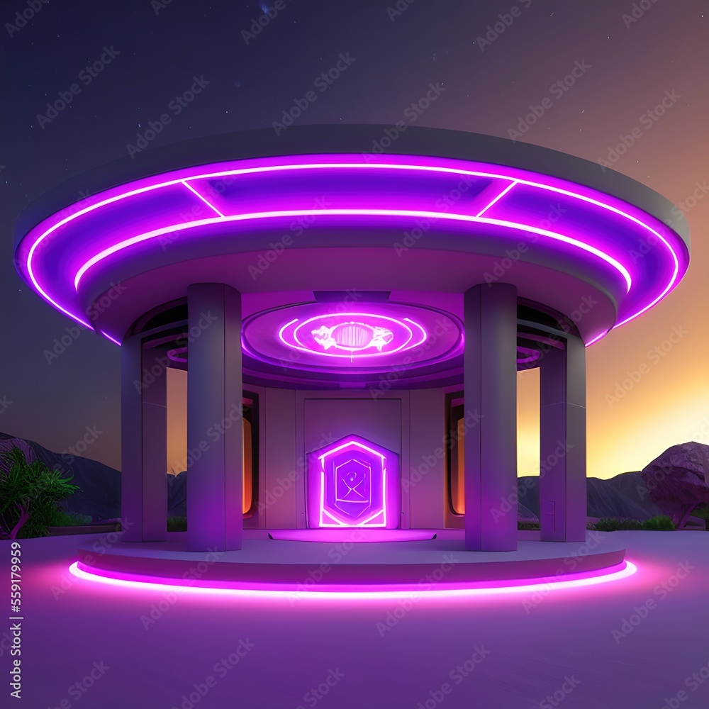 pentagonal indigenous temple kiosk with purple neon beams in outer ...