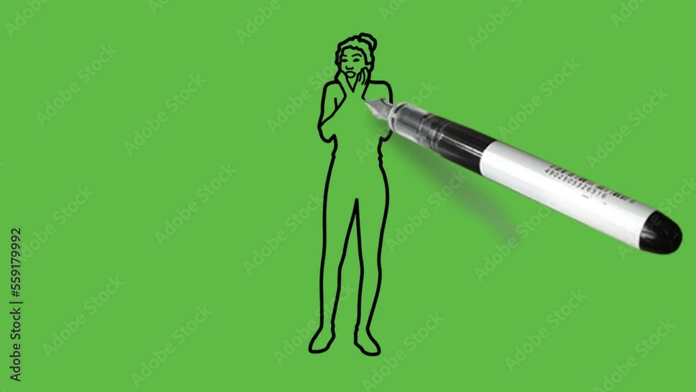 Draw young girl astonished face standing straight hold both hands on ...