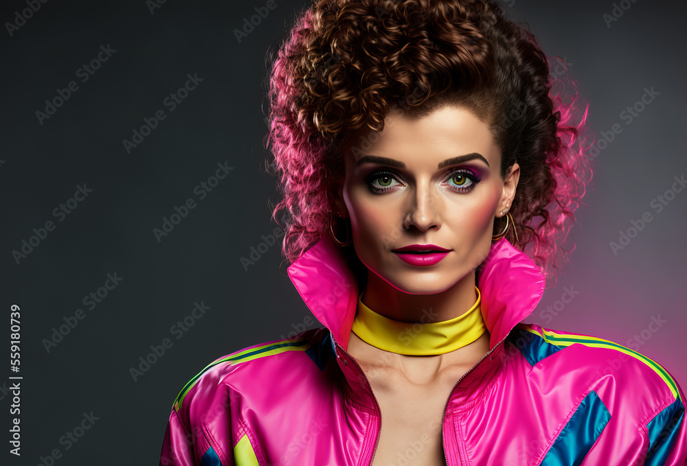 ภาพประกอบสต็อก 1980s vintage fashion portrait. Caucasian woman with ...