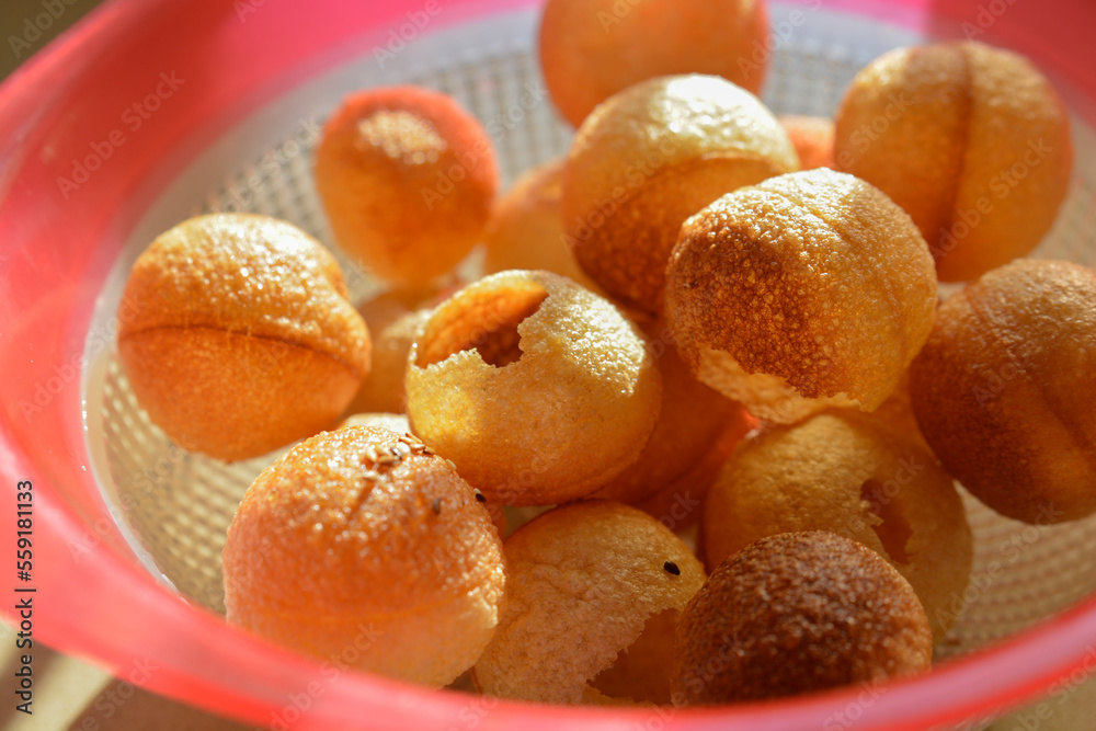 The Traditional Indian food named Pani puri or Golgappe, Sev Puri, Chat ...