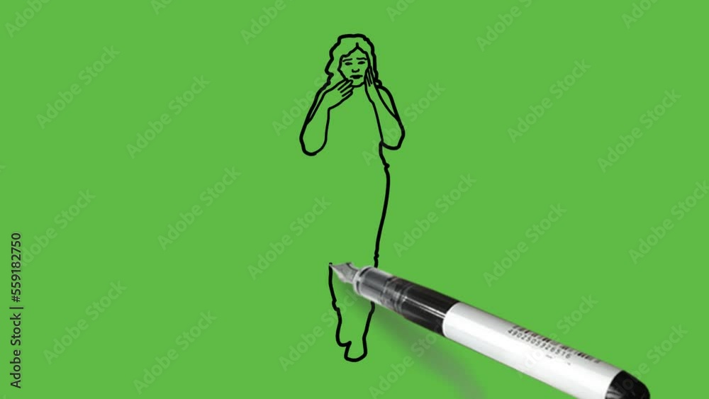 Draw young thinking face girl standing straight with open hair hold ...