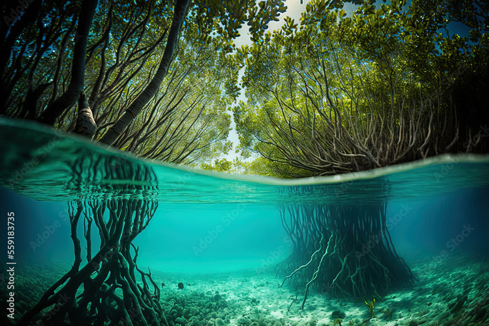 Underwater photograph of a mangrove forest with flooded trees, an ... Underwater photograph of a mangrove forest with flooded trees, an ...