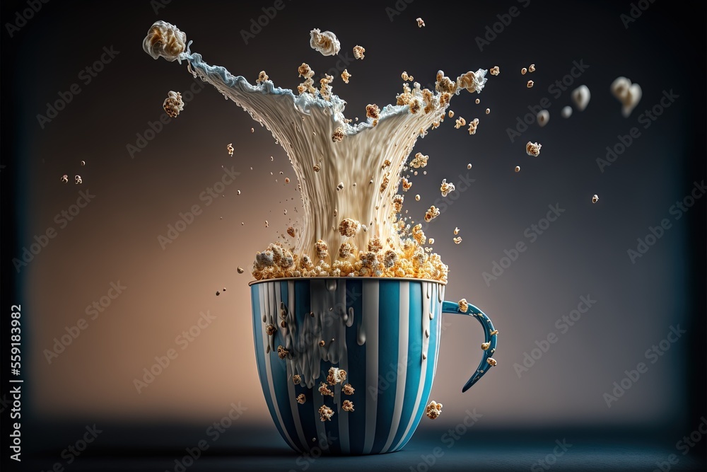a blue and white cup filled with popcorn and milk pouring out of it's ...