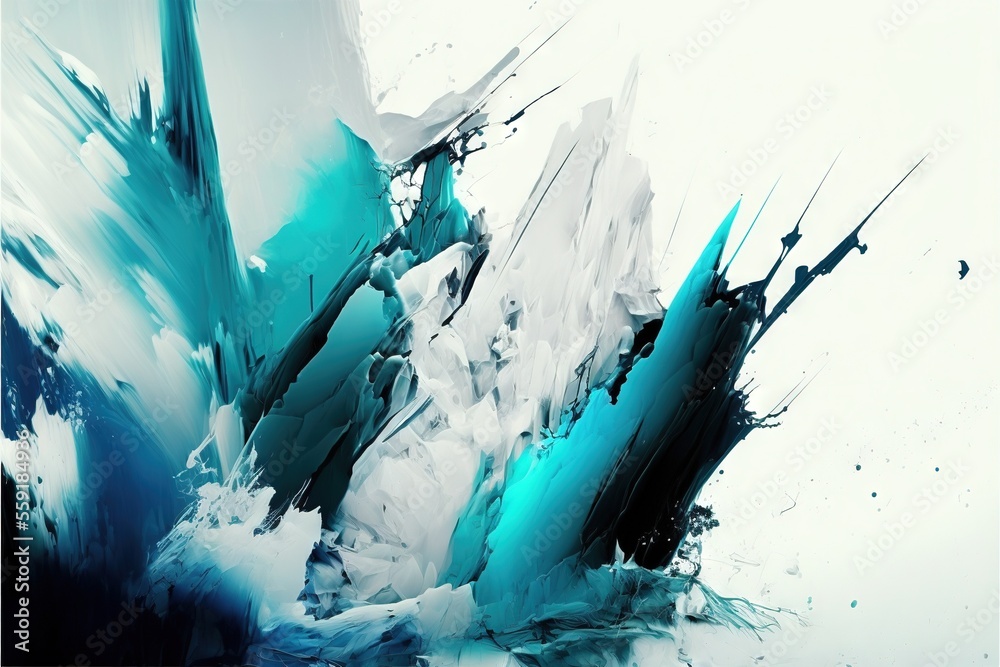 a blue and white abstract painting with lots of paint streaks on it's ...