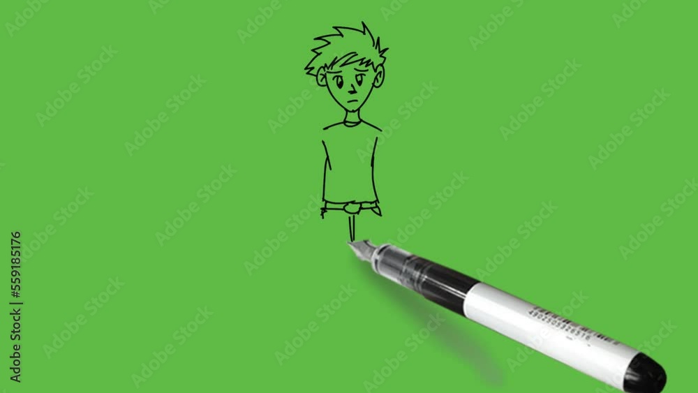 Draw little character boy standing straight with scattered hair keep ...