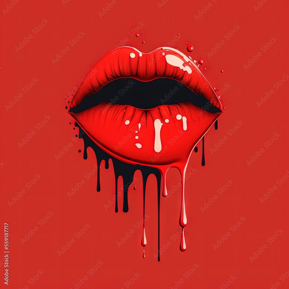 a red lips with dripping blood on it and a red background with a black ...