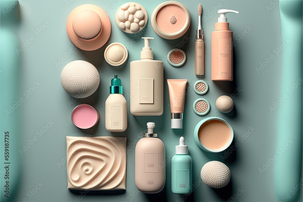 a variety of cosmetics and body care products arranged on a blue ... a variety of cosmetics and body care products arranged on a blue ...