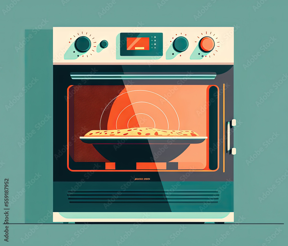 Flat minimalistic design illustration of kitchen oven with lasagna ...