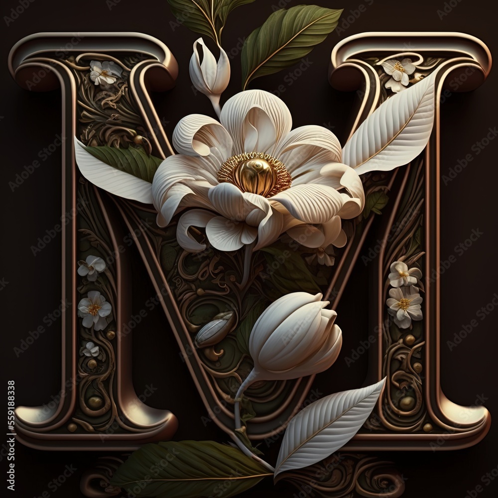 Letter M with magnolia flowers, Generative AI Stock Illustration ...