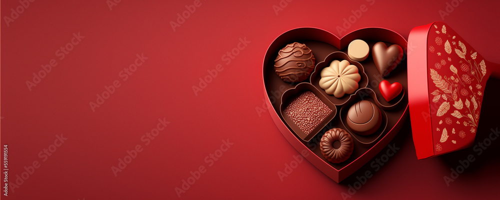 Heart shaped chocolate box . Valentine's day Red Banner. Copy Space. 14 ...