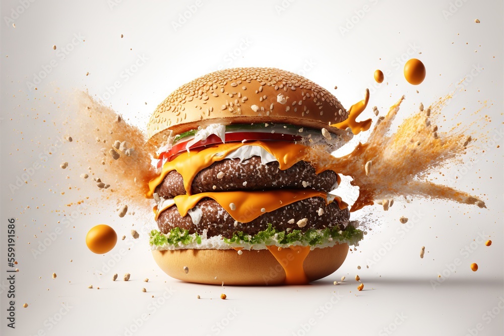 a hamburger with cheese and other ingredients falling out of it on a ...