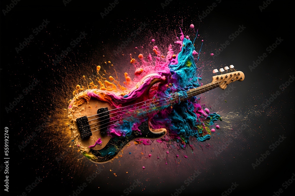Bass guitar exploding with creative energy. Generative AI, this image ...